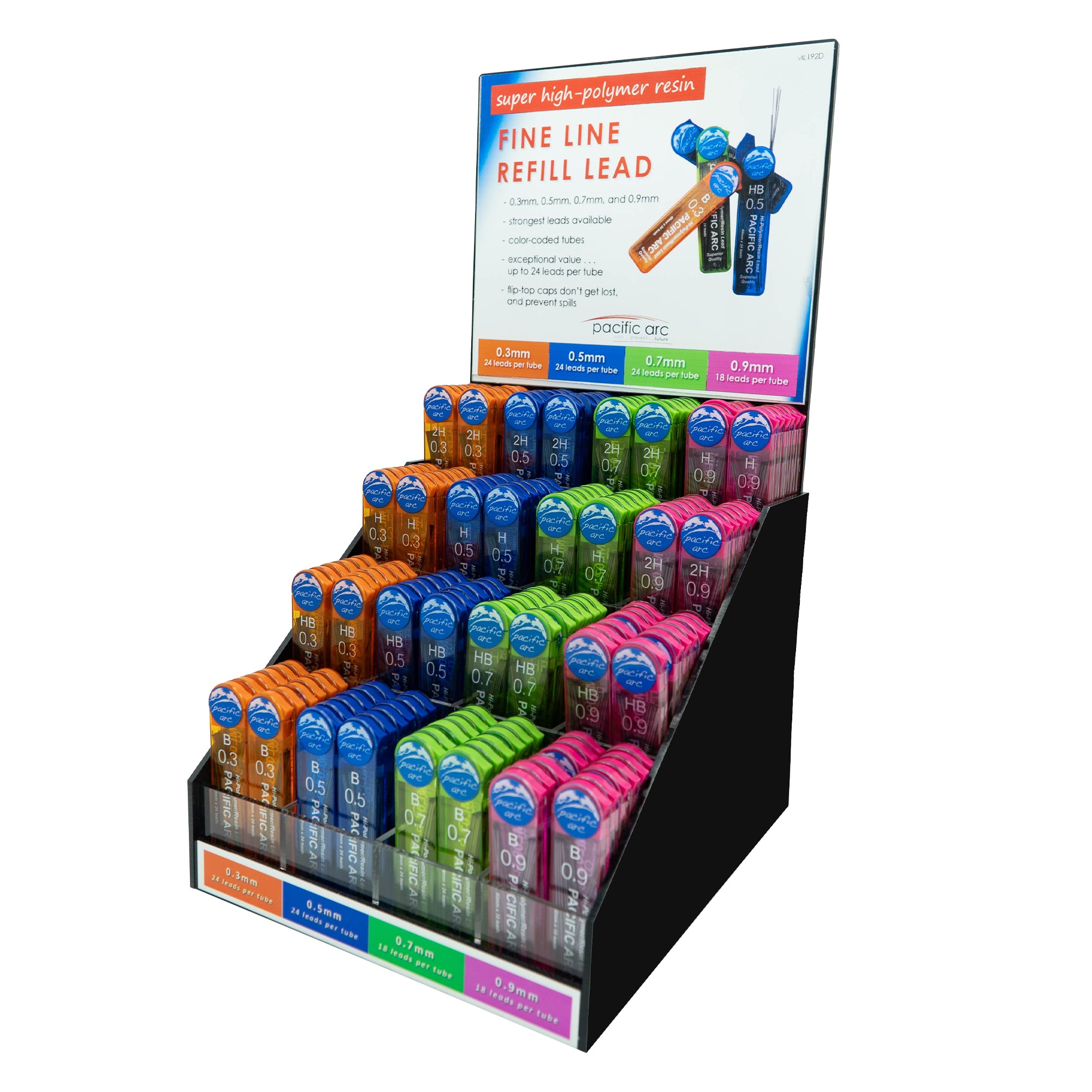 Pacific Arc Mechanical Pencil Refill lead Display, 0.3, 0.5, 0.7, 0.9