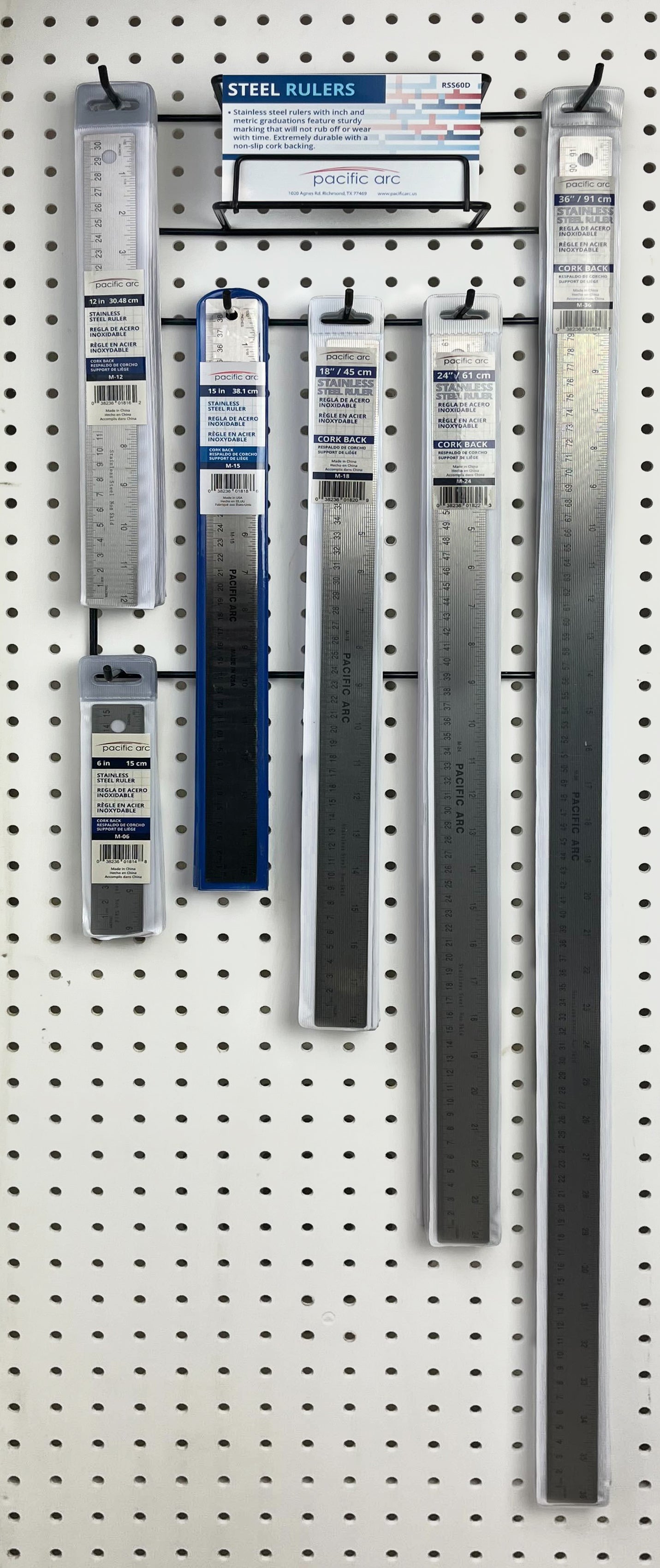 Pacific Arc Stainless Steel 6 - 36 inch Metal Ruler Display: Non-Slip